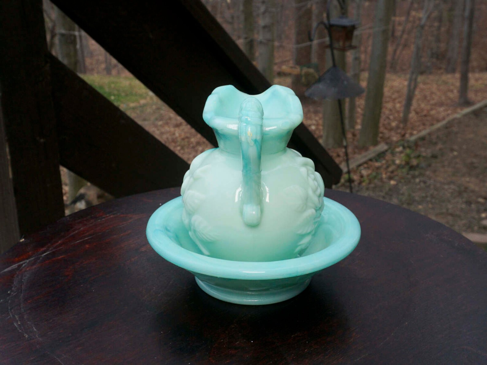 Vintage Avon Victoriana Pitcher & Bowl Green Slag Glass Decanter Vanity ...