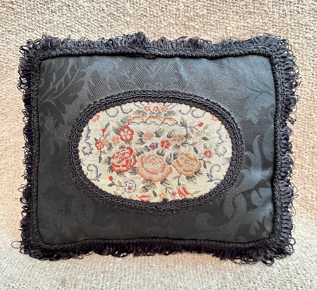 Black Pillow With Petit Point Roses, Black Accent Pillow, Down and ...