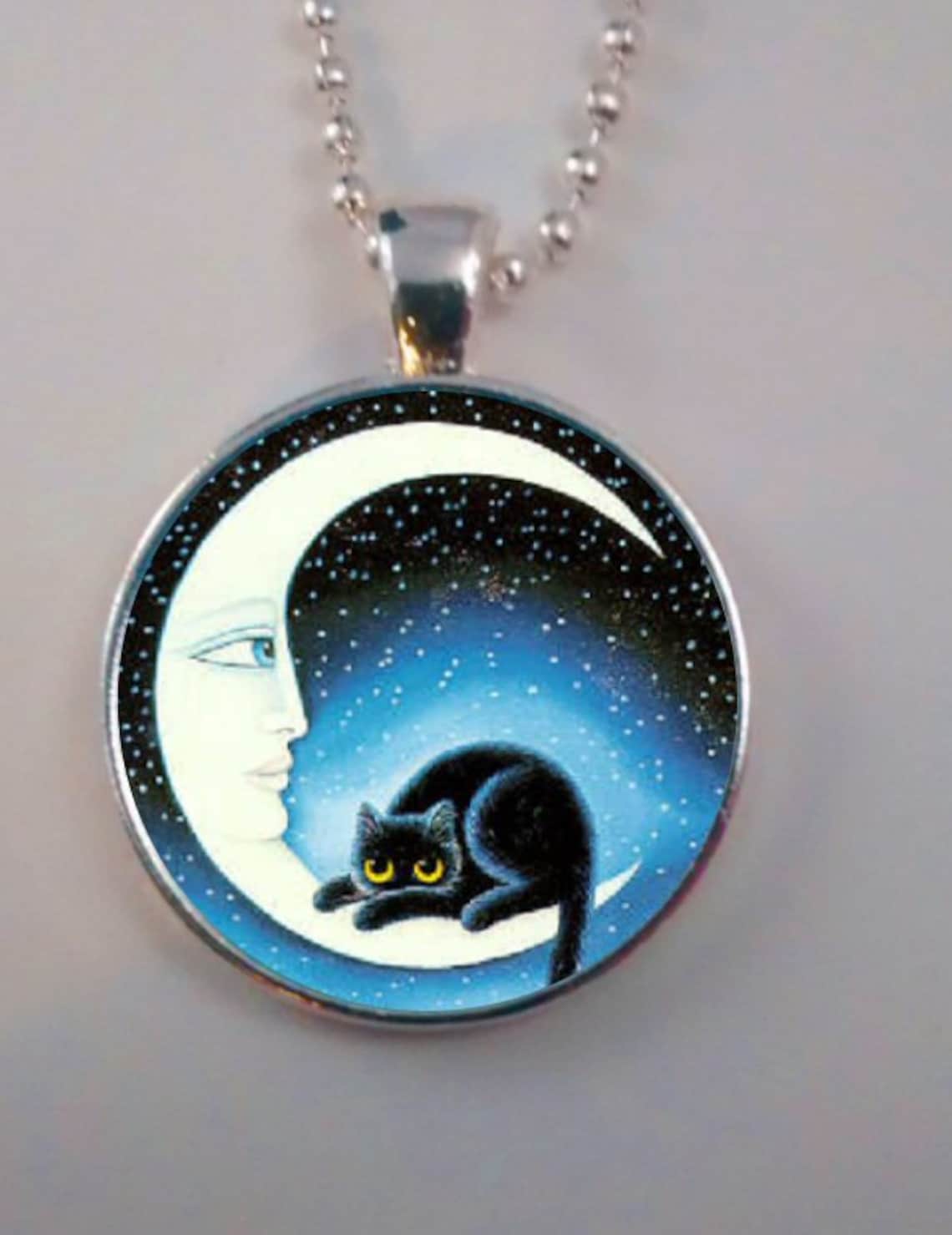 Cat Necklace Cat on Moon Necklace Moon Jewelry Silver - Etsy