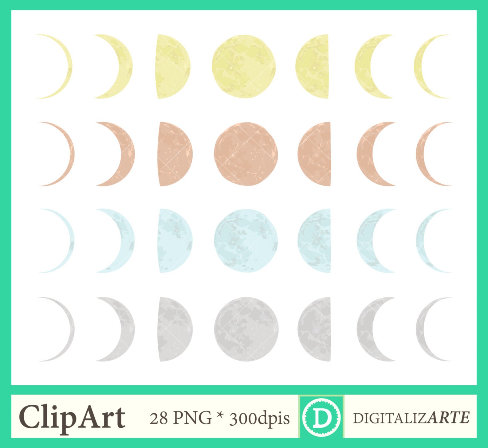 Moon Phases - Digital Gray, Orange, Blue and Yellow Moon 28 Clipart ...