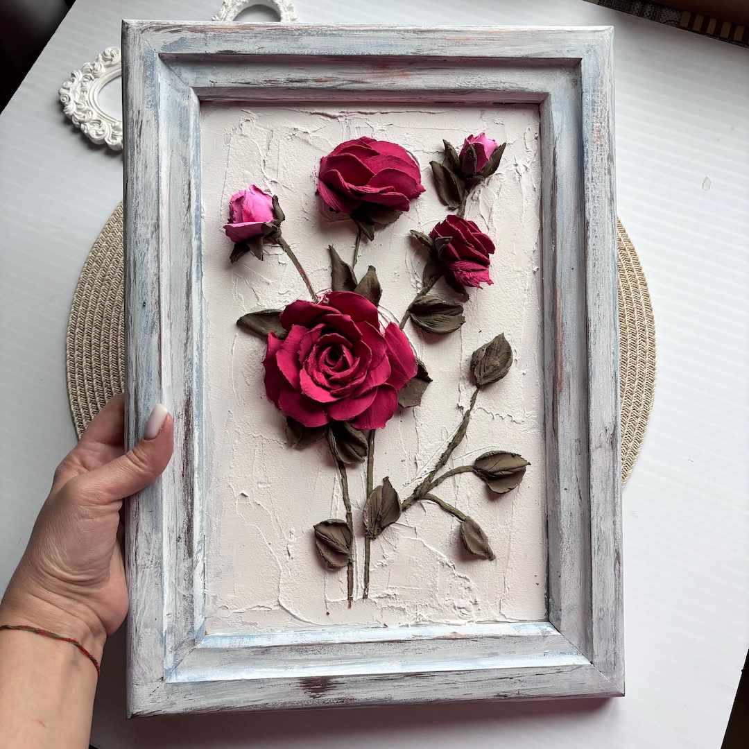 3D Rose Painting Decorative Plaster Textured Artwork Handmade Bas ...