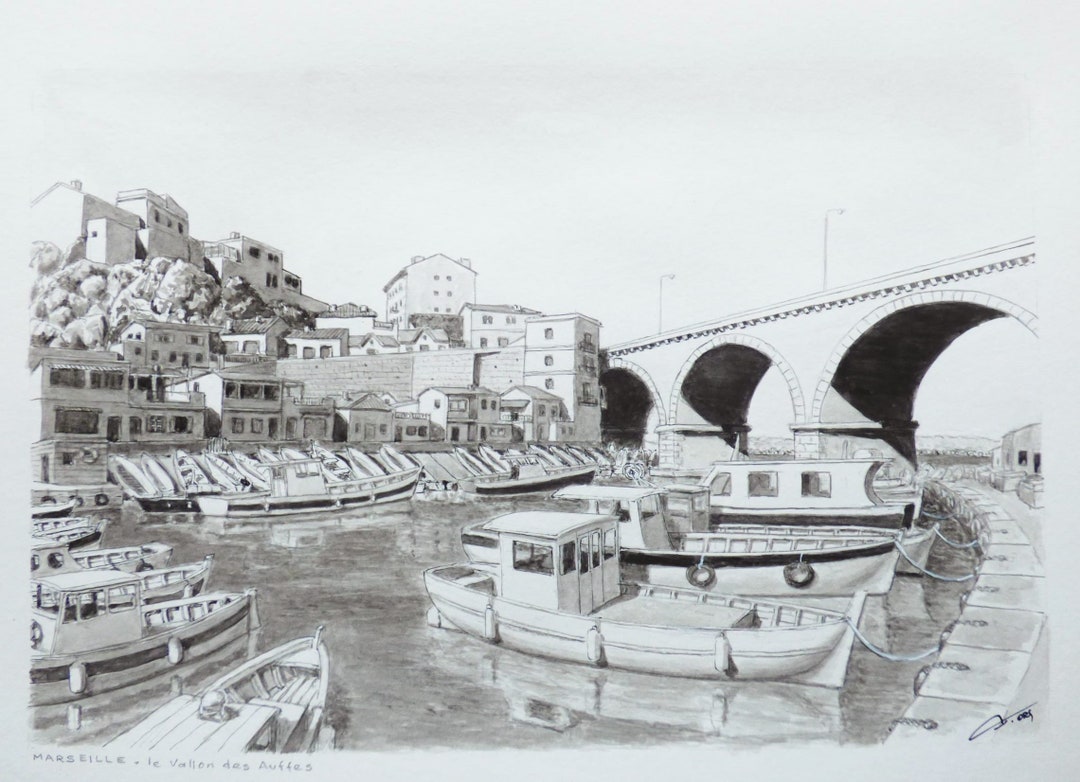 Marseille the Vallon Des Auffes, Original Black and White Wash Drawing ...