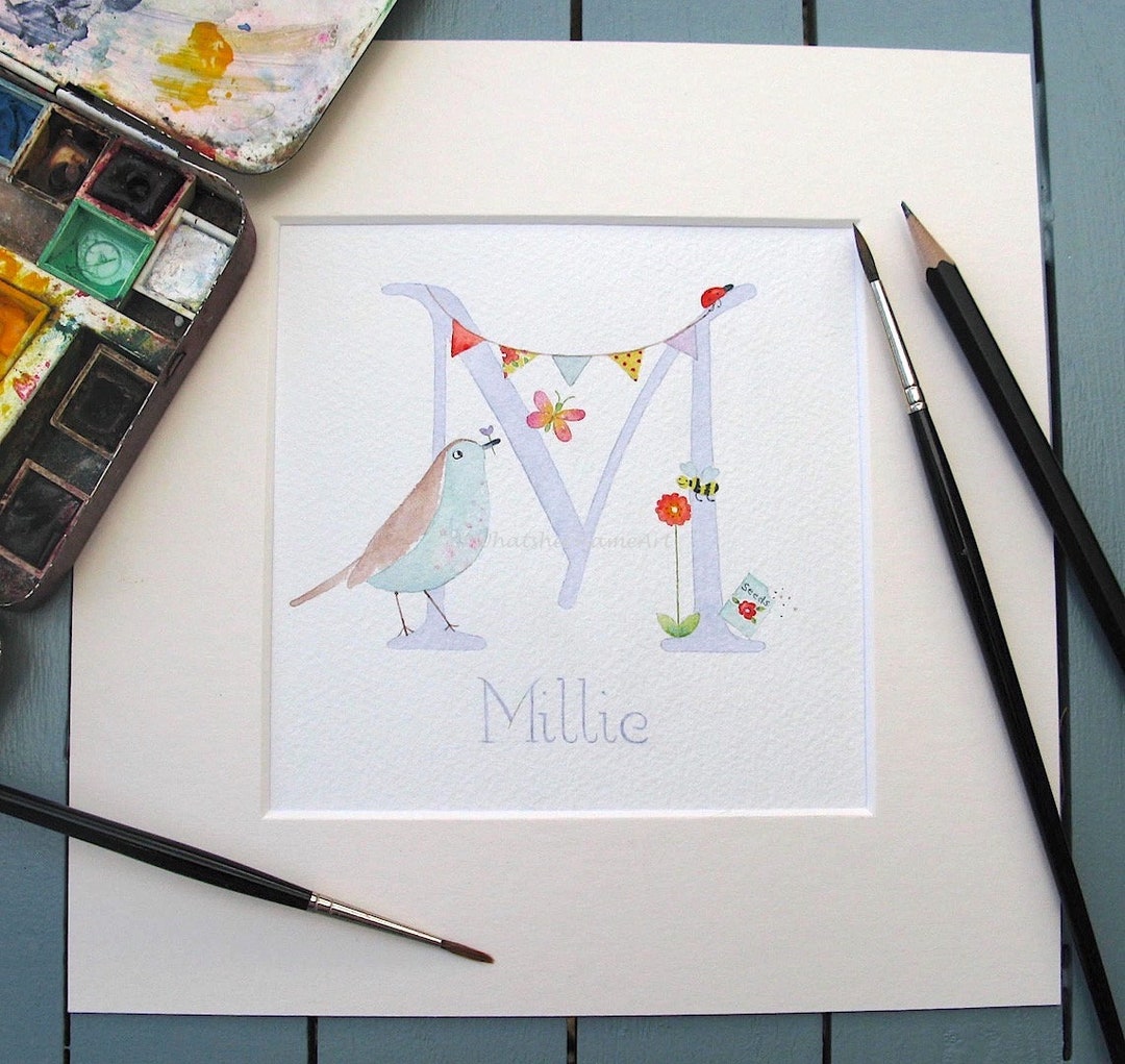 Pretty Kids Keepsake Names Hand Painted in Watercolour, Custom Bird ...