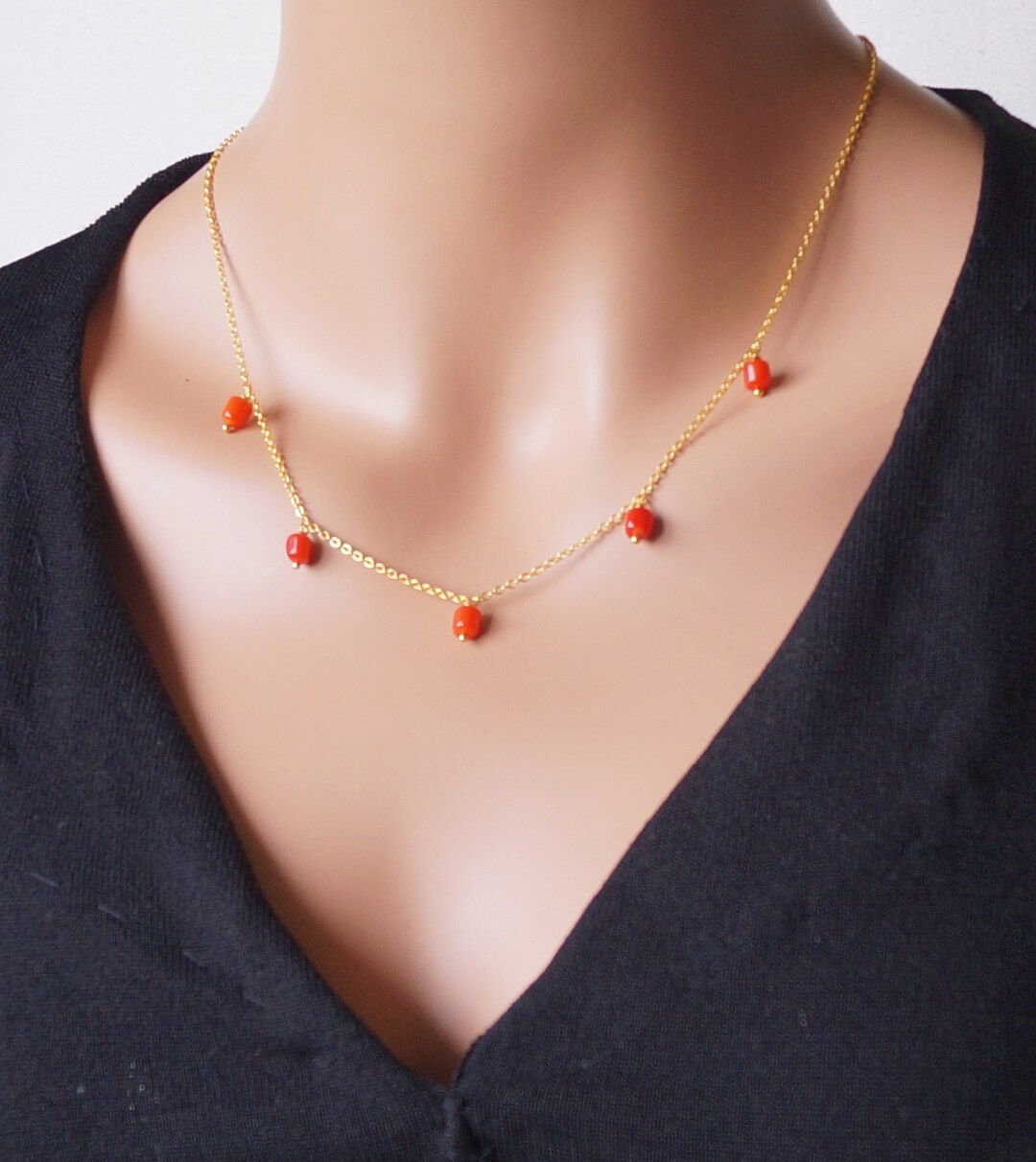 Red Coral Choker, 18 K Gold Filled Chain Wire 'candy' Necklace, Coral ...