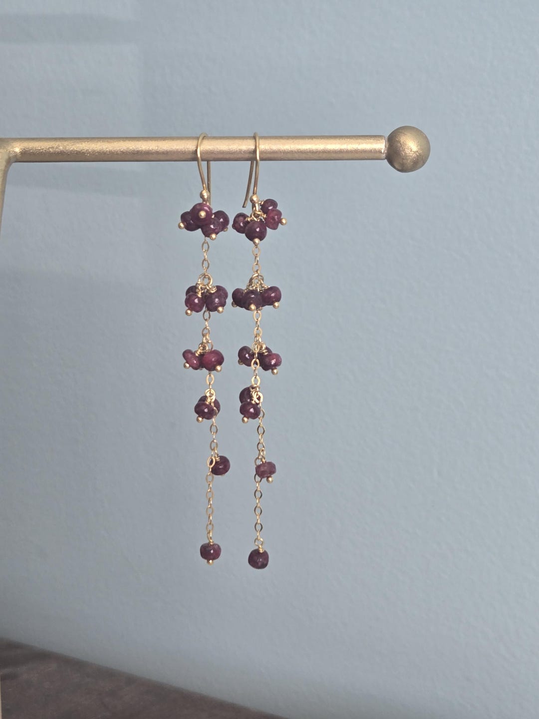 July Birthstone Gradation Long Hook Earrings, Long Chain 24 K Gold ...