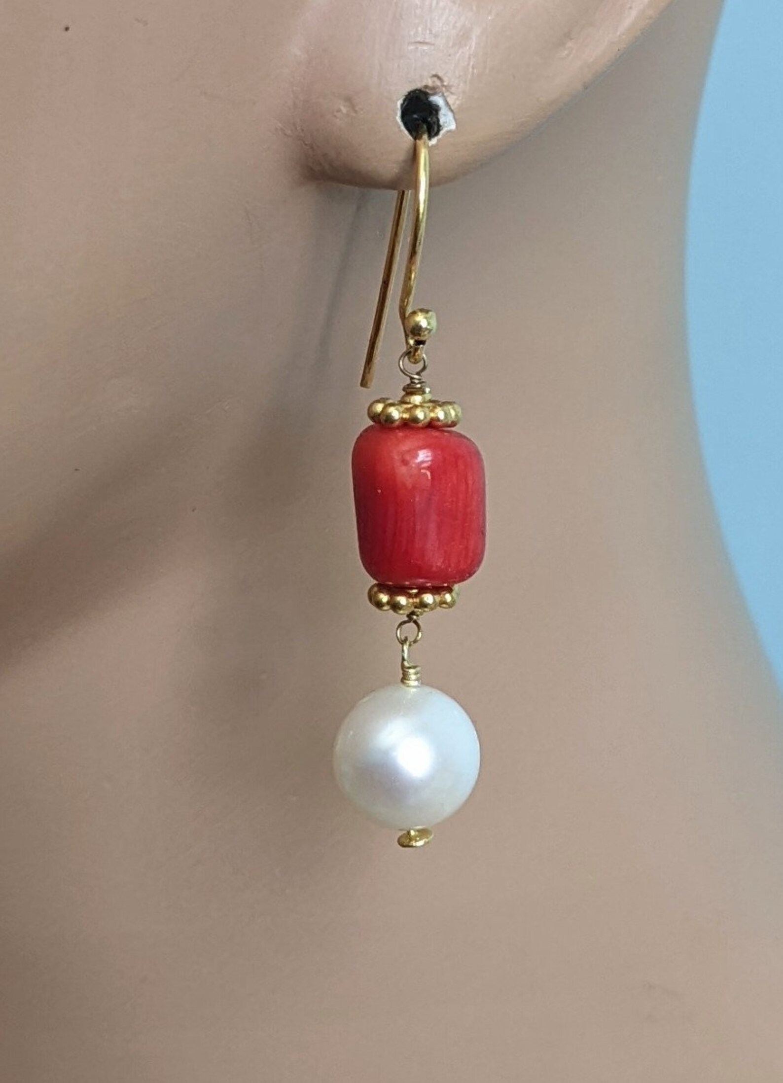 Freshwater Pearl Coral Earrings, White Pearl Red Coral 24 K Gold Filled ...