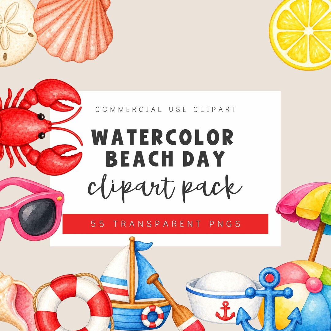 Watercolor Beach Day Clipart Pack: Summer Tropical Graphics Sealife ...