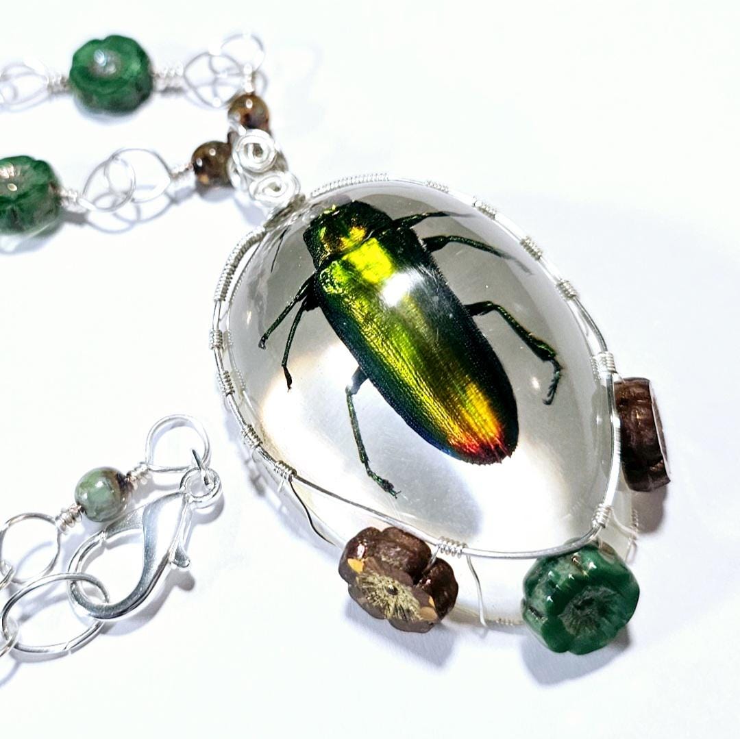 Iridescent Jewel Beetle Necklace, Real Bug in Resin Wire Wrapped ...