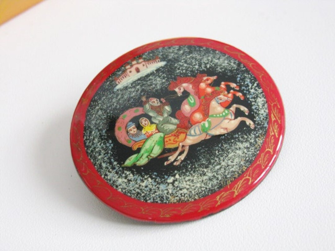 Vintage Russian Lacquer Pin in Rare Red Finish - Etsy