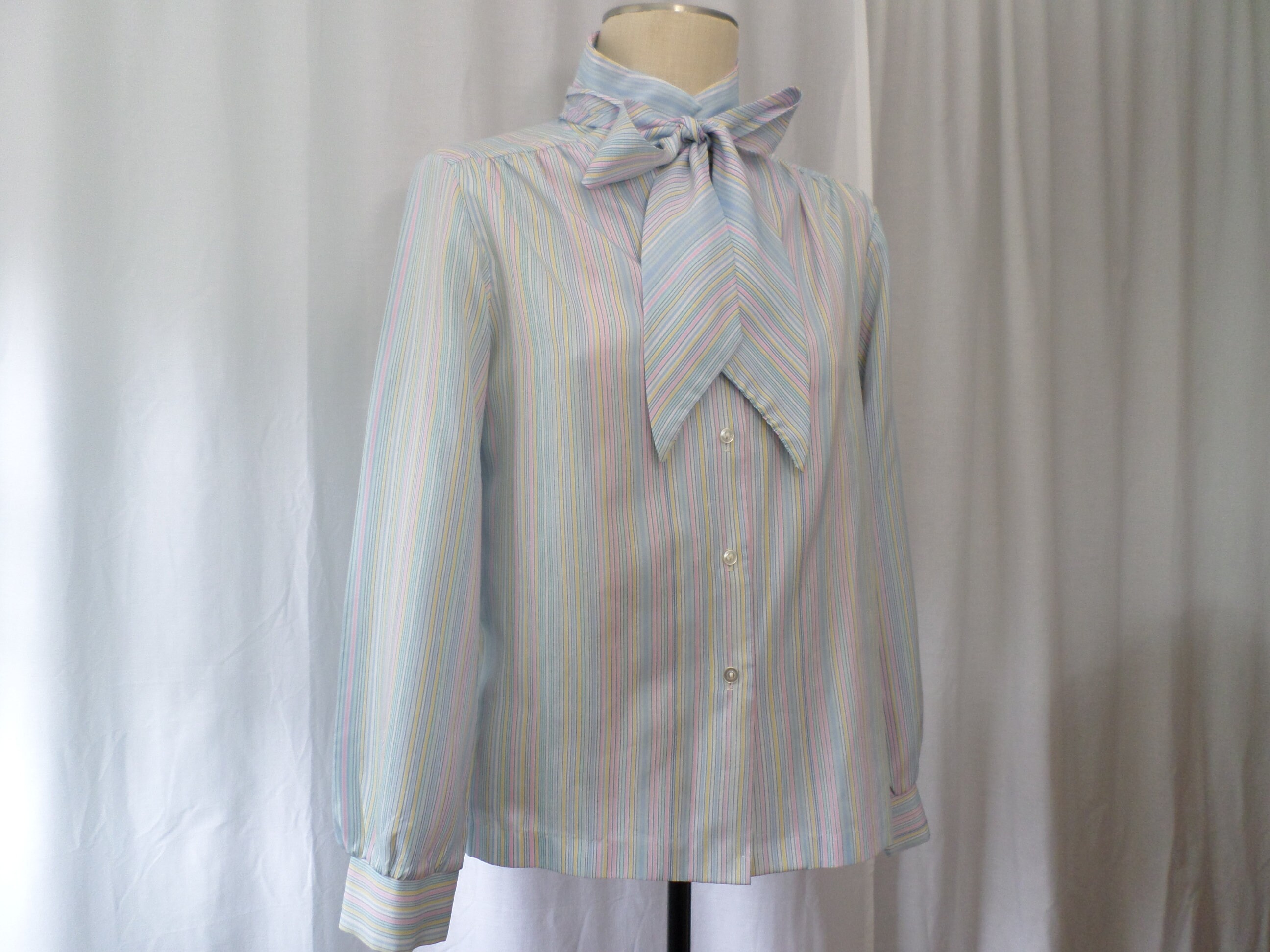Vtg 70s Pastel Blouse Striped Button Down Top With Hand-tied Bow at ...