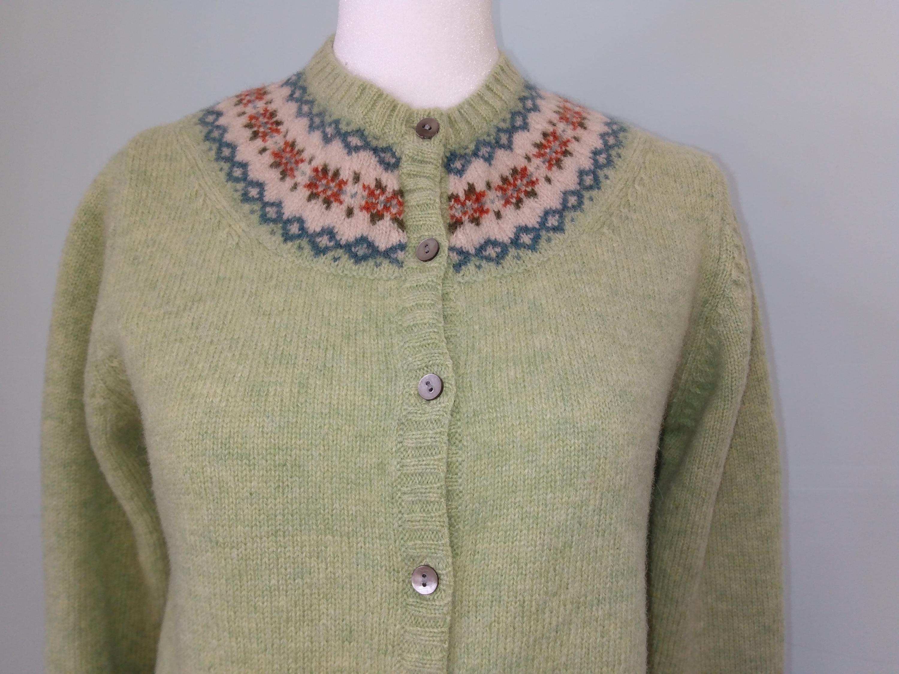 Vintage LL Bean Meadow Green Shetland Wool Fair Isle Cardigan Women's ...
