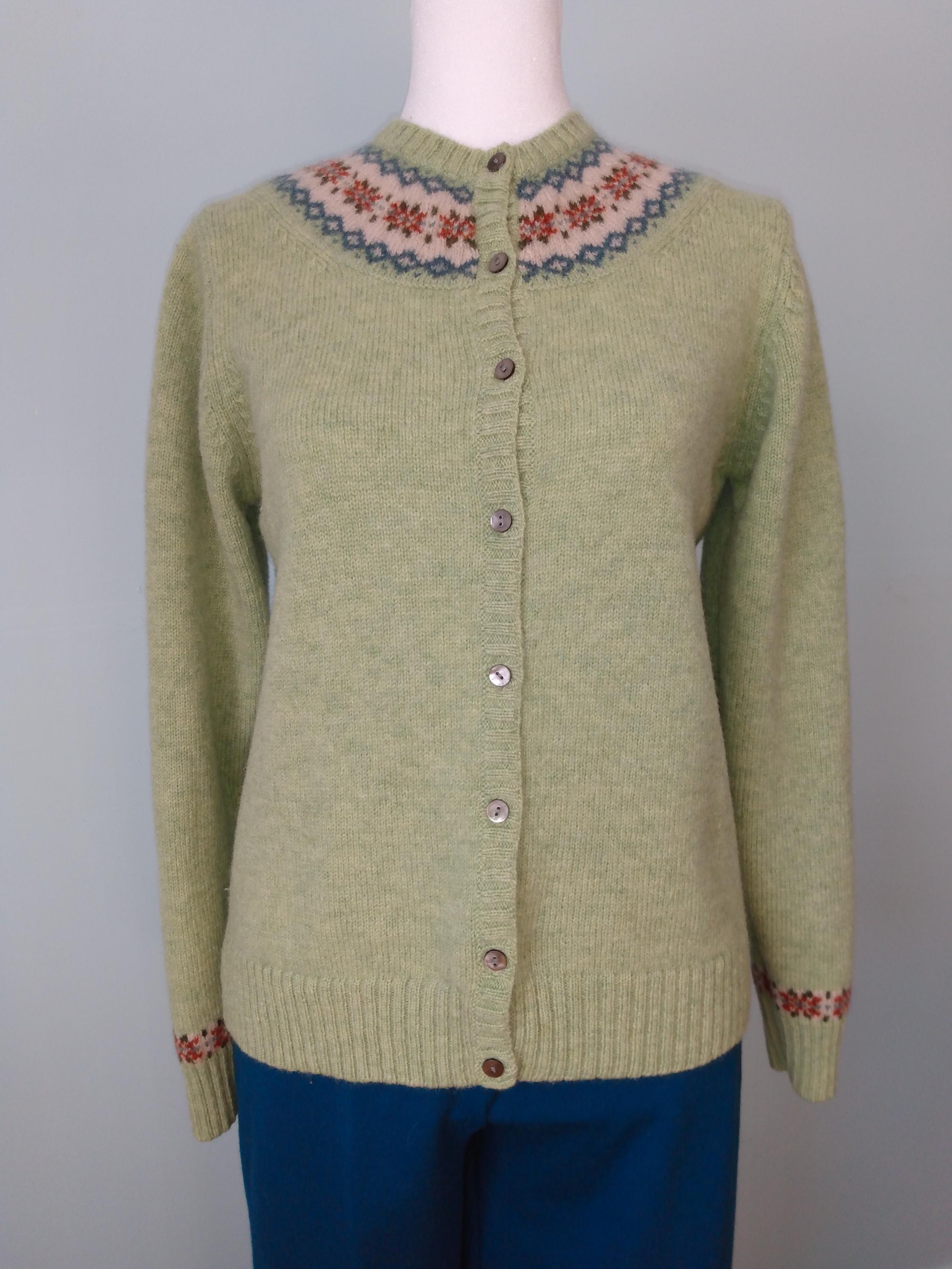 Vintage LL Bean Meadow Green Shetland Wool Fair Isle Cardigan Women's ...