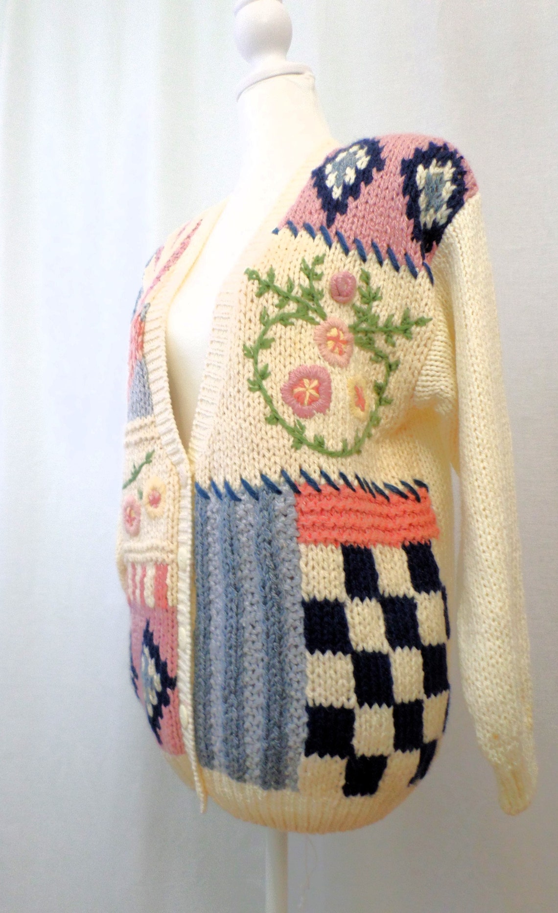 Vtg 80s Patchwork Cardigan Cottagecore Granny Sweater Large Shoulder ...