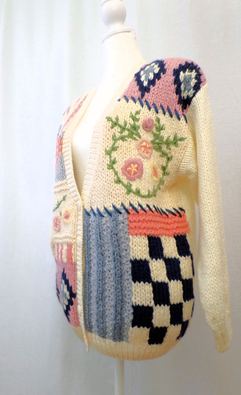 Vtg 80s Patchwork Cardigan Cottagecore Granny Sweater Large Shoulder ...