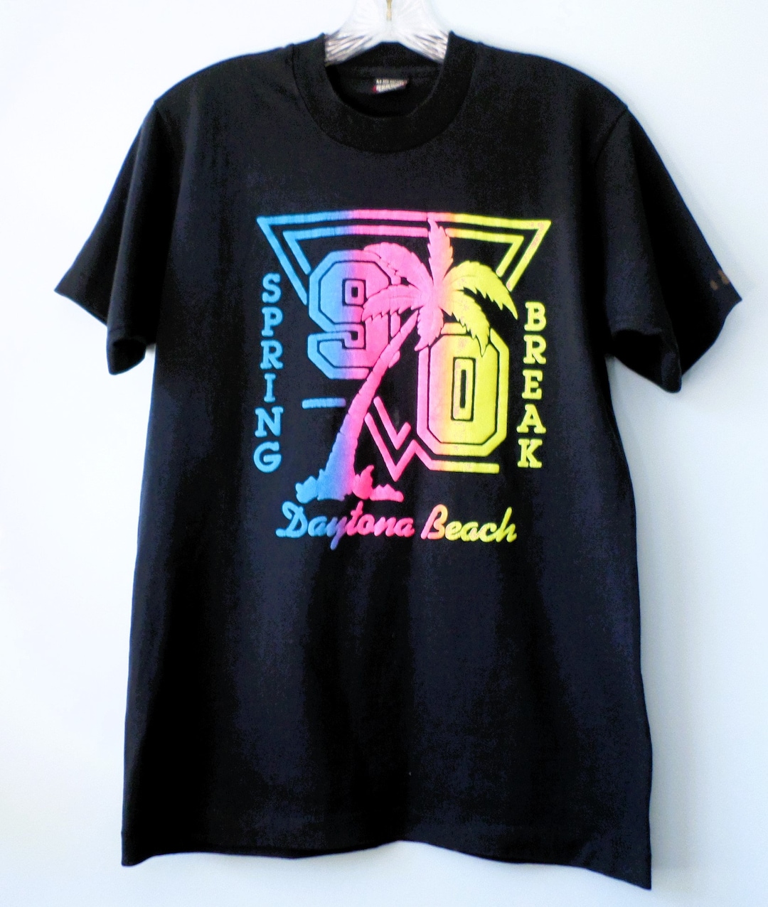 Vtg 90s NEON T Shirt Daytona Beach Spring Break Top Black With Multi ...