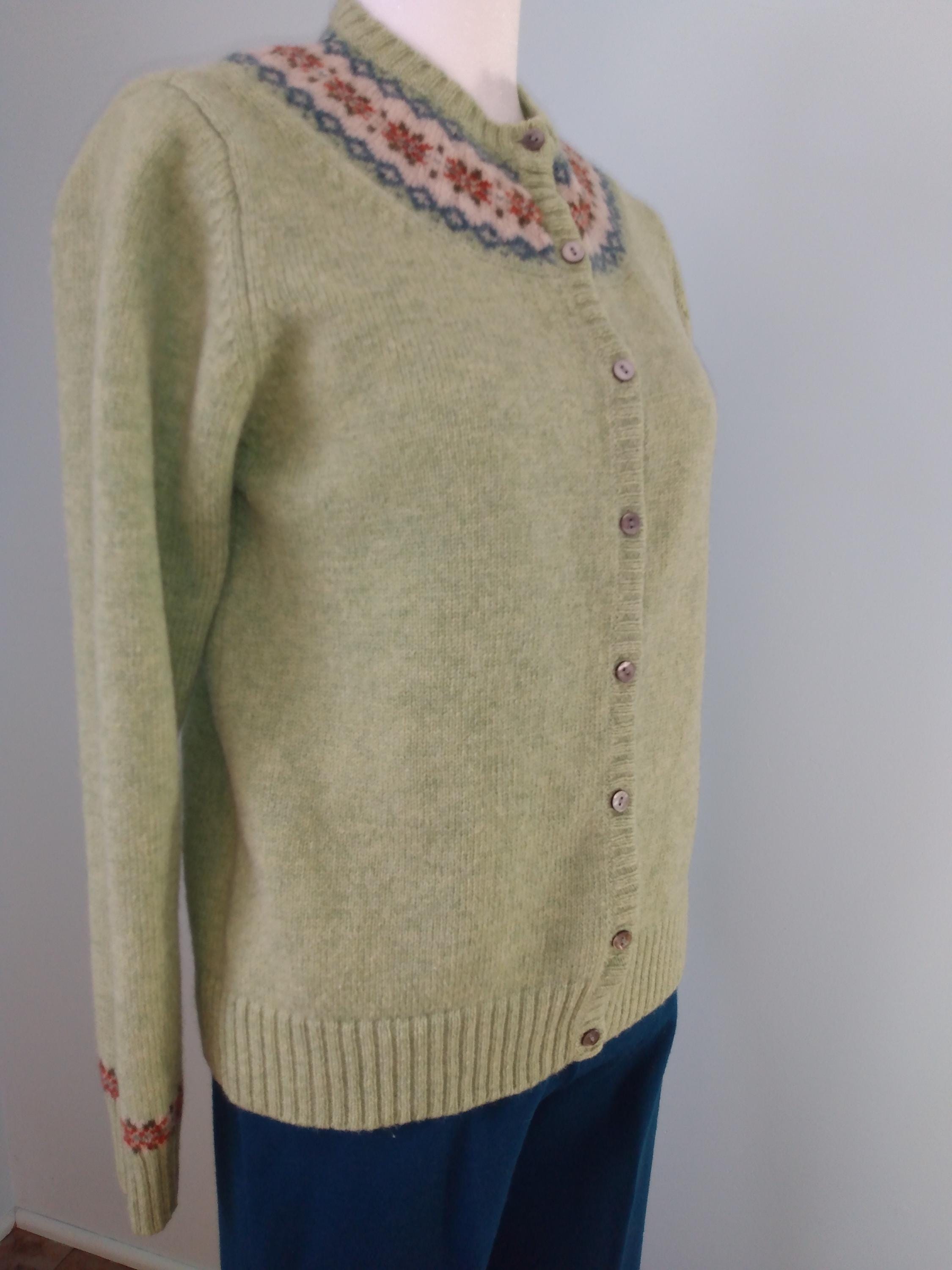 Vintage LL Bean Meadow Green Shetland Wool Fair Isle Cardigan Women's ...