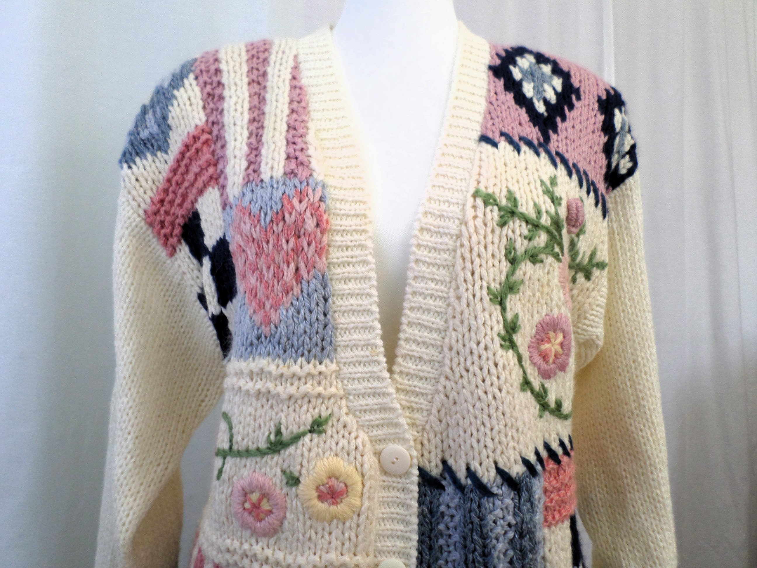 Vtg 80s Patchwork Cardigan Cottagecore Granny Sweater Large Shoulder ...