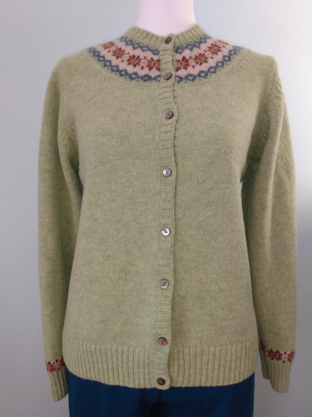 Vintage LL Bean Meadow Green Shetland Wool Fair Isle Cardigan Women's ...