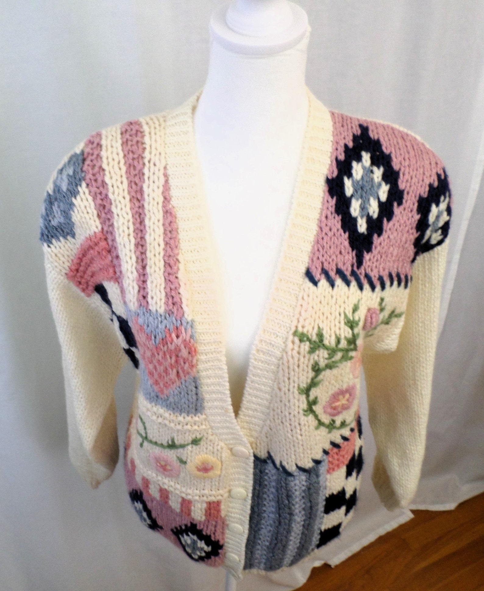 Vtg 80s Patchwork Cardigan Cottagecore Granny Sweater Large Shoulder ...