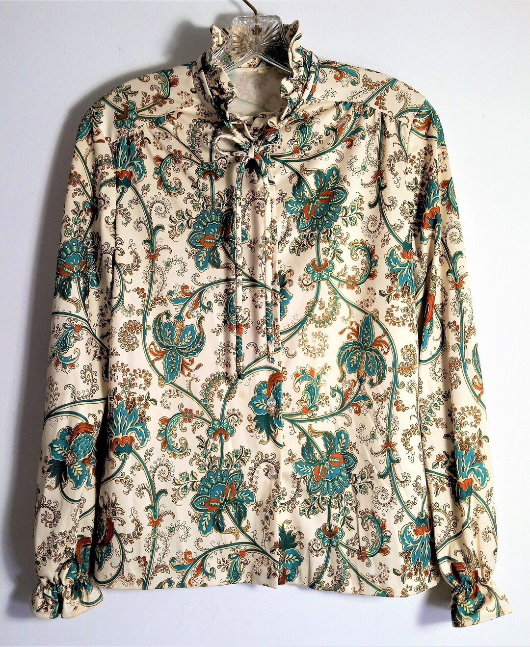 Vtg 70s Ruffle Blouse Floral Botanical Print Ruffle Cuffs Neck & Tie ...