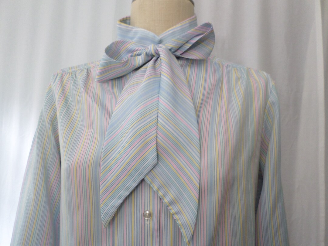 Vtg 70s Pastel Blouse Striped Button Down Top With Hand-tied Bow at ...