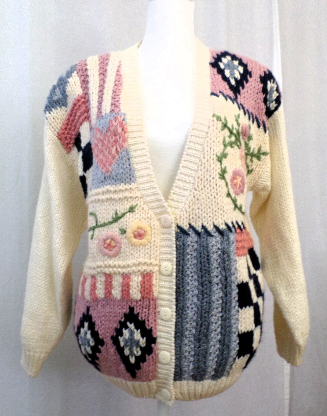 Vtg 80s Patchwork Cardigan Cottagecore Granny Sweater Large Shoulder ...
