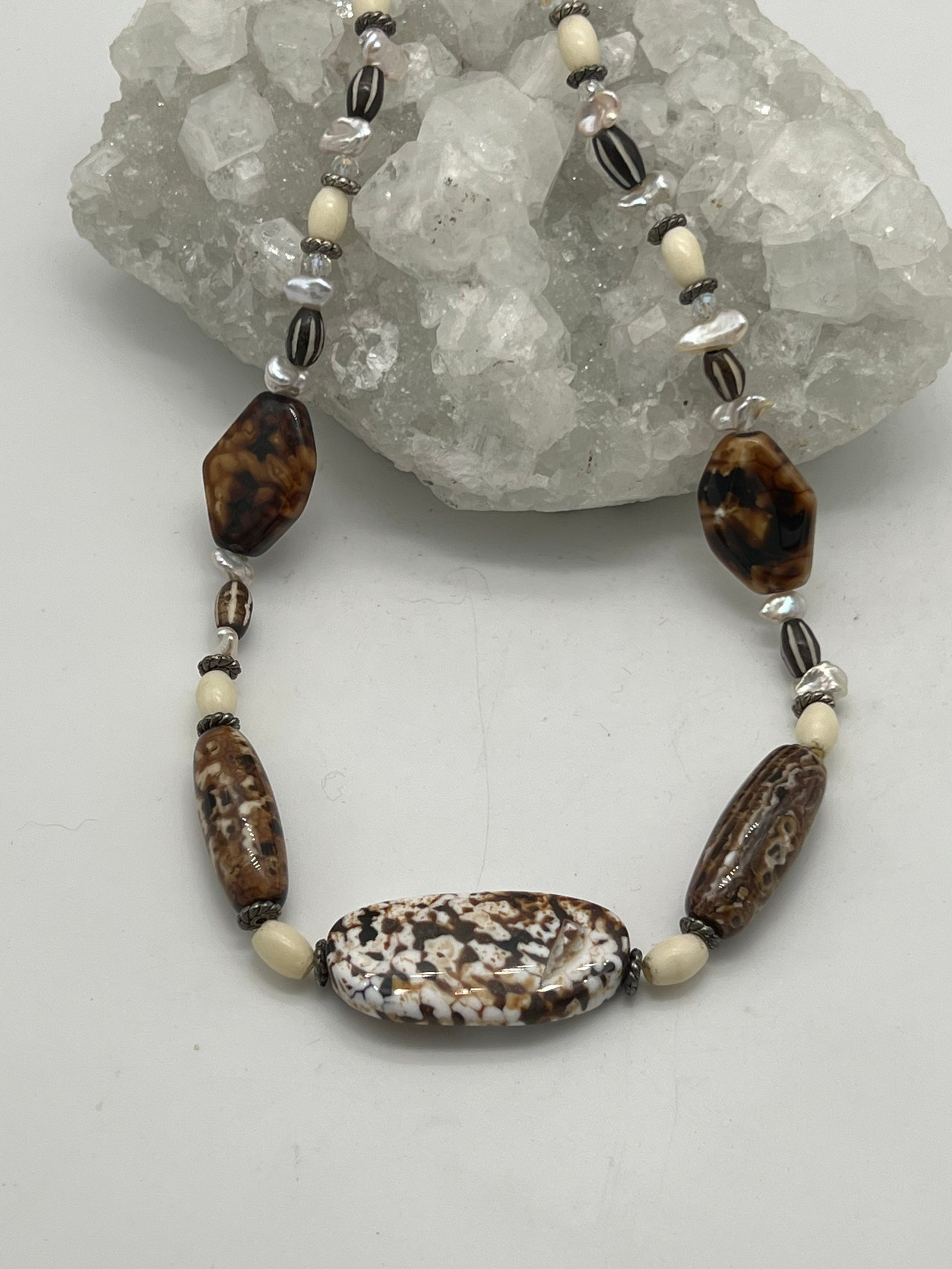 Agate, Bone, Freshwater Pearl and Leopard Skin Jasper Beaded Necklace ...