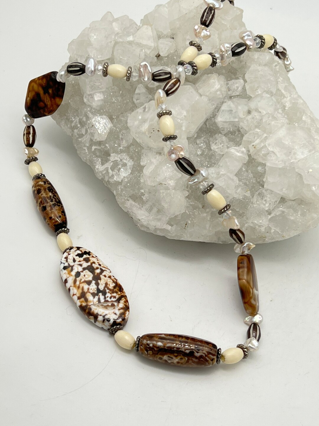 Agate, Bone, Freshwater Pearl and Leopard Skin Jasper Beaded Necklace ...