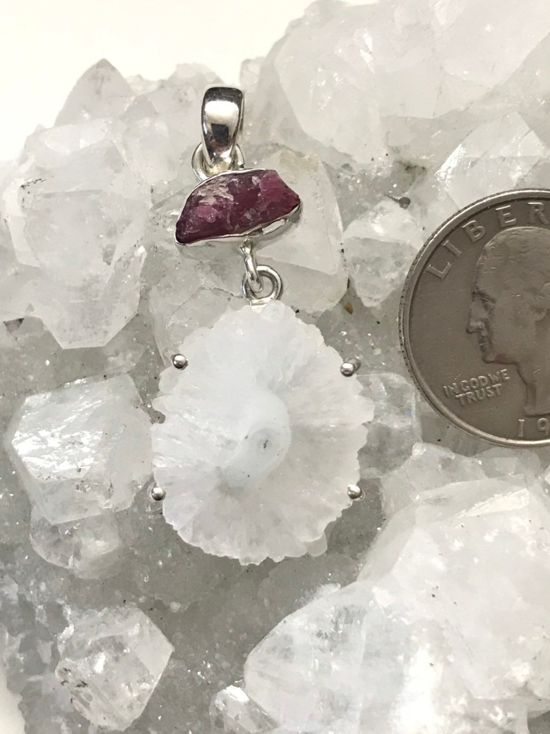 Geode Solar Slice and Rough Pink Tourmaline Pendant - Etsy