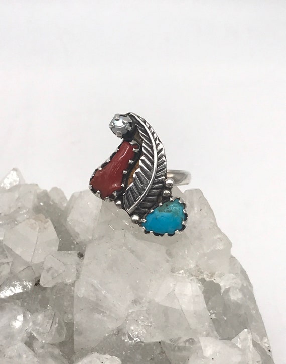Turquoise Pearl and Red Coral Ring Size 8 | Etsy