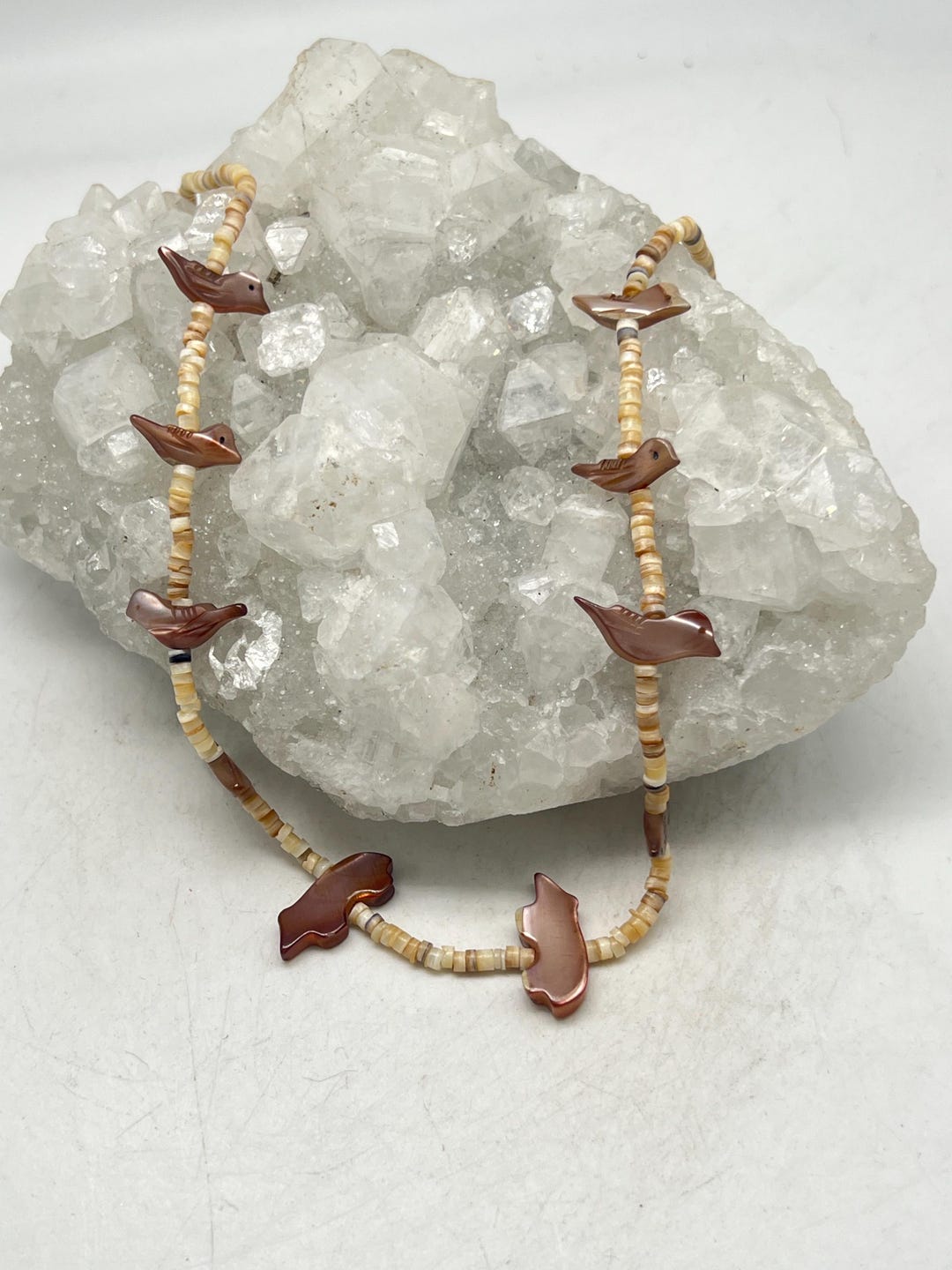 Carved Shell Birds With Heishi Beaded Necklace-16