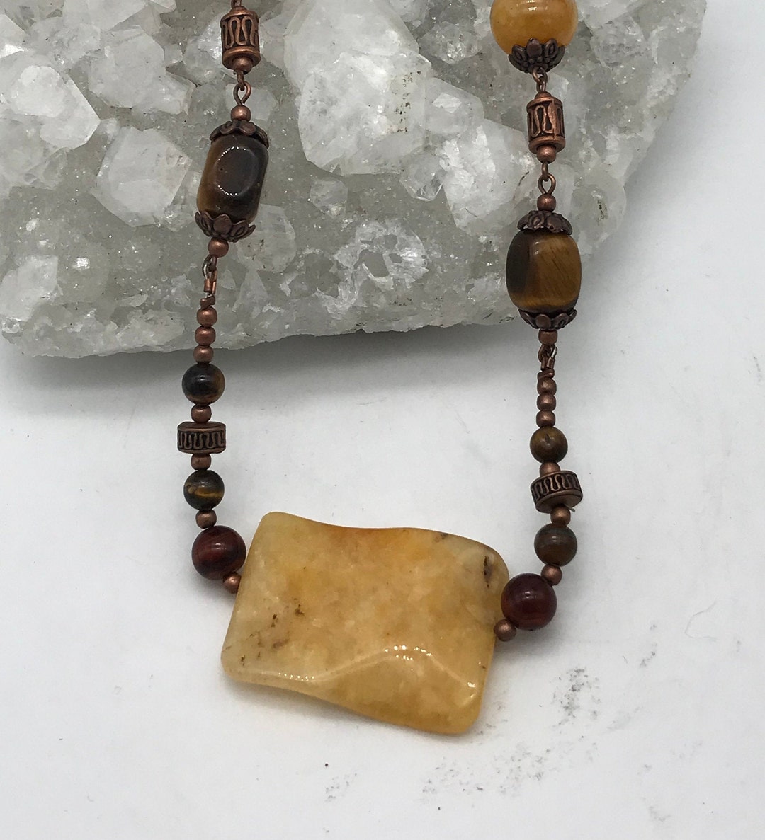 Agate, Tigers Eye, and Leopard Skin Jasper Beaded Necklace - Etsy
