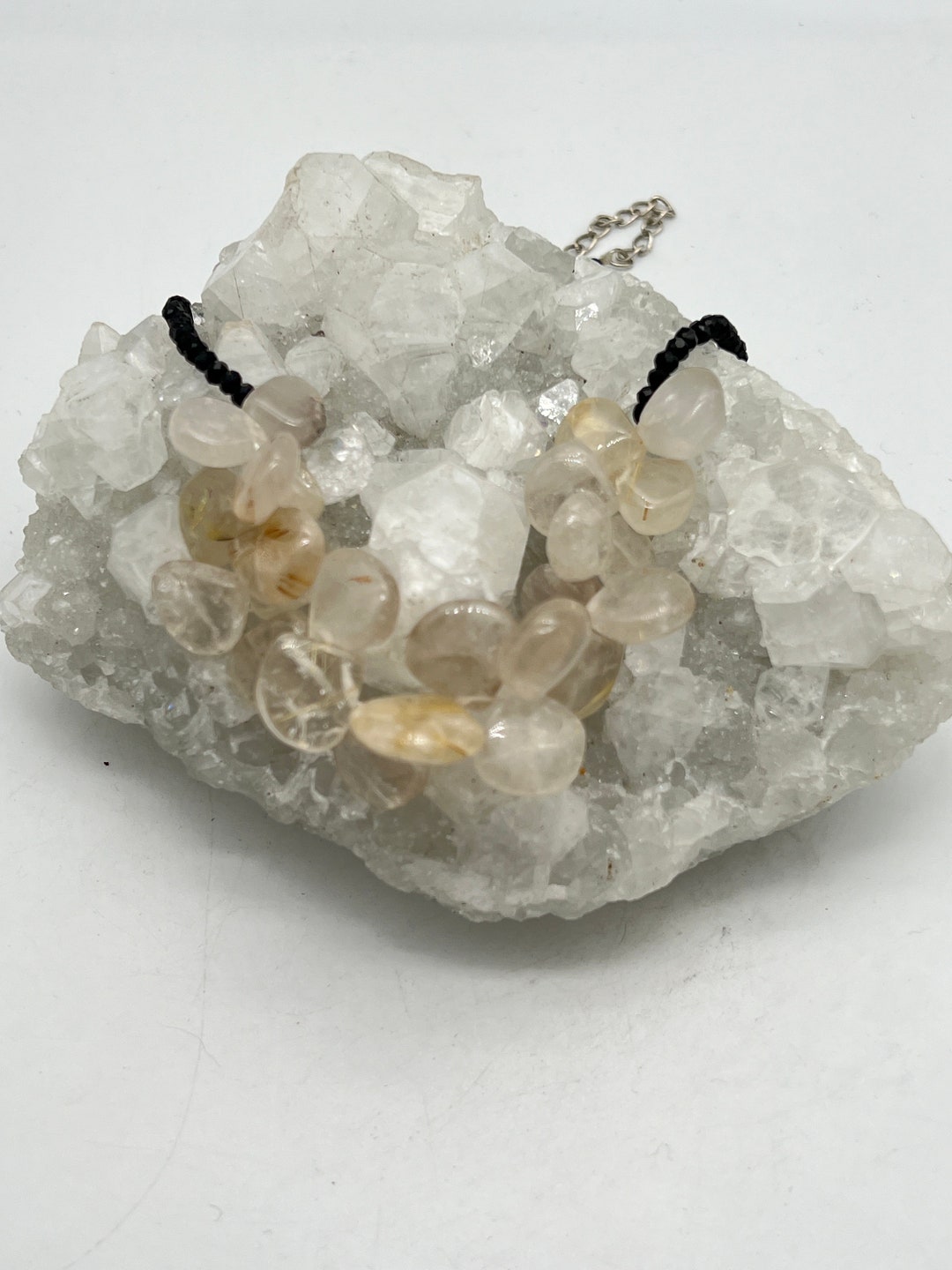 Rutilated Quartz and Black Crystal Beaded Necklace-20-22” Adjustable - Etsy