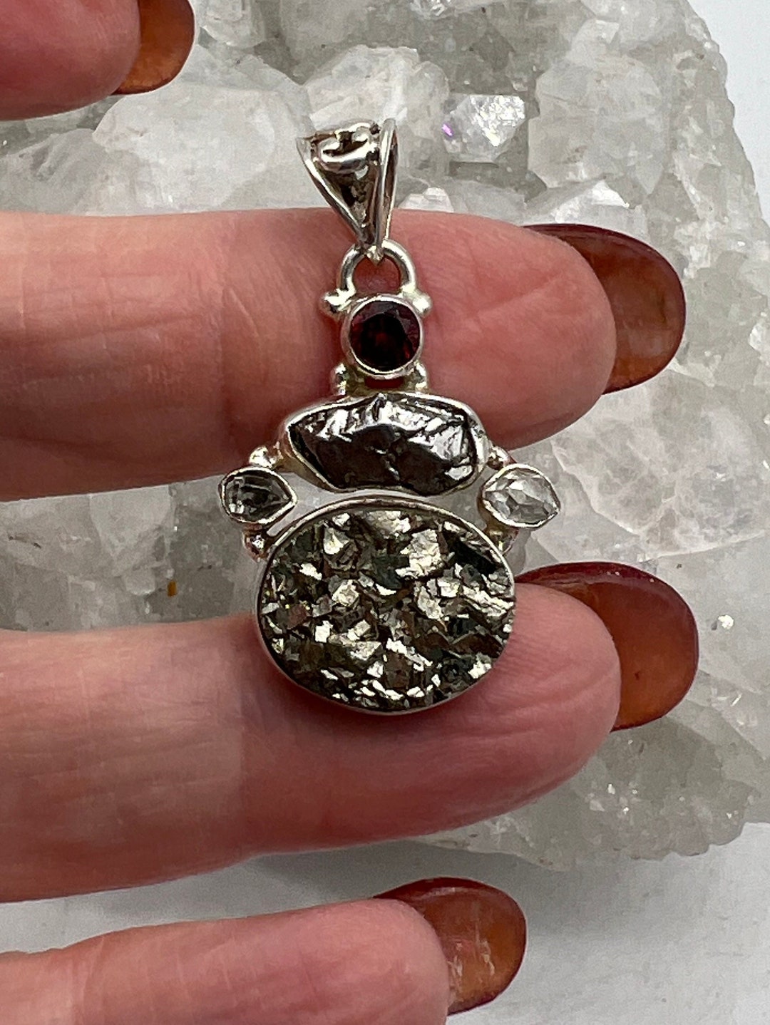 Pyrite Nugget, Meteorite, Garnet and Herkimer Diamond Pendant - Etsy