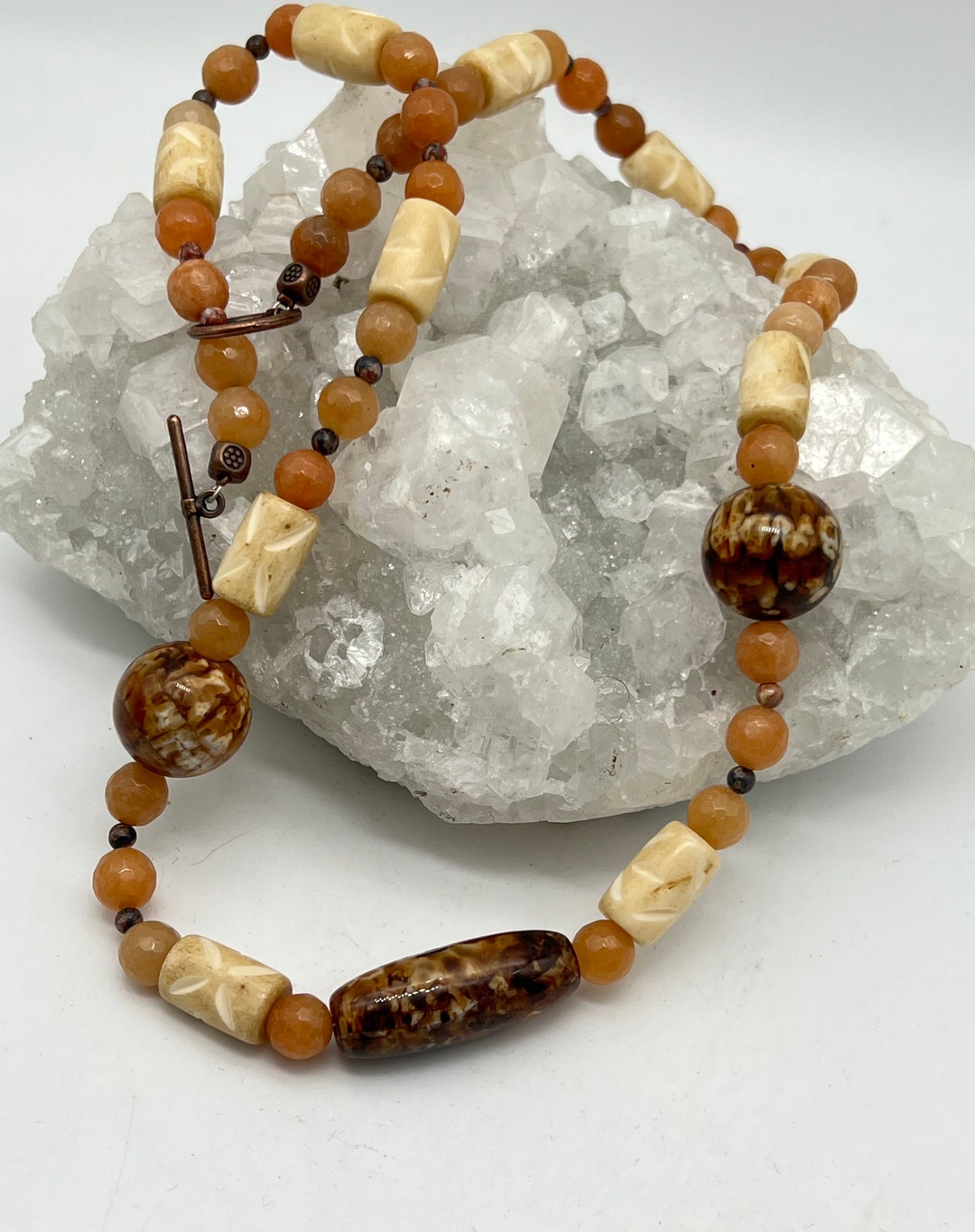 Agate, Bone, and Leopard Skin Jasper Beaded Necklace-20” - Etsy
