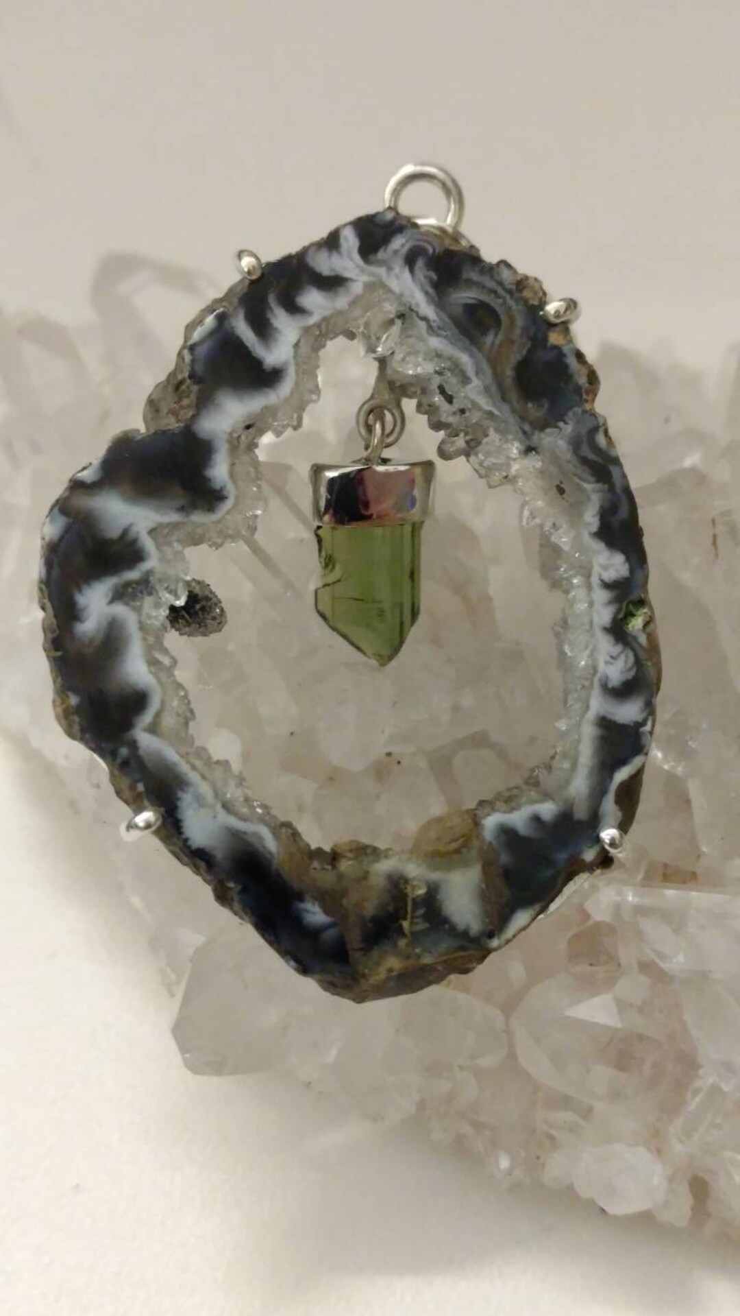 CLEARANCE Huge Black Geode Druzy & Green Tourmaline Pendant - Etsy