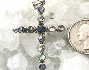 Faux Abalone Cross Jesus Crucifix Necklace Pendant Rhinestone Center ...