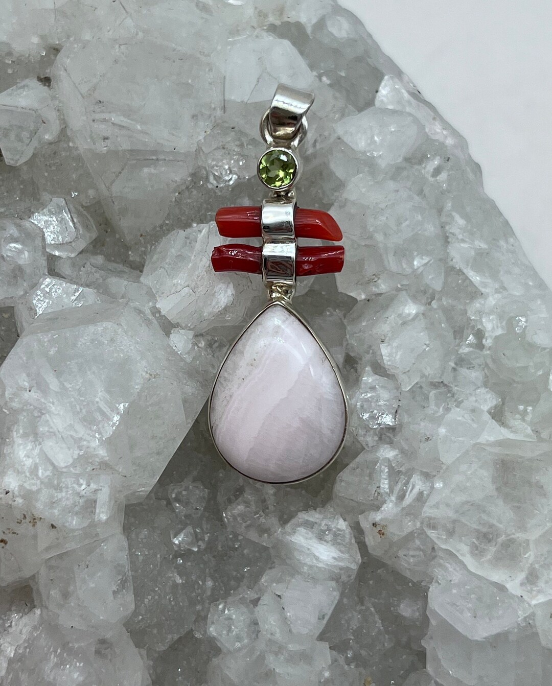Pink Mangano Calcite, Red Coral and Peridot Pendant - Etsy