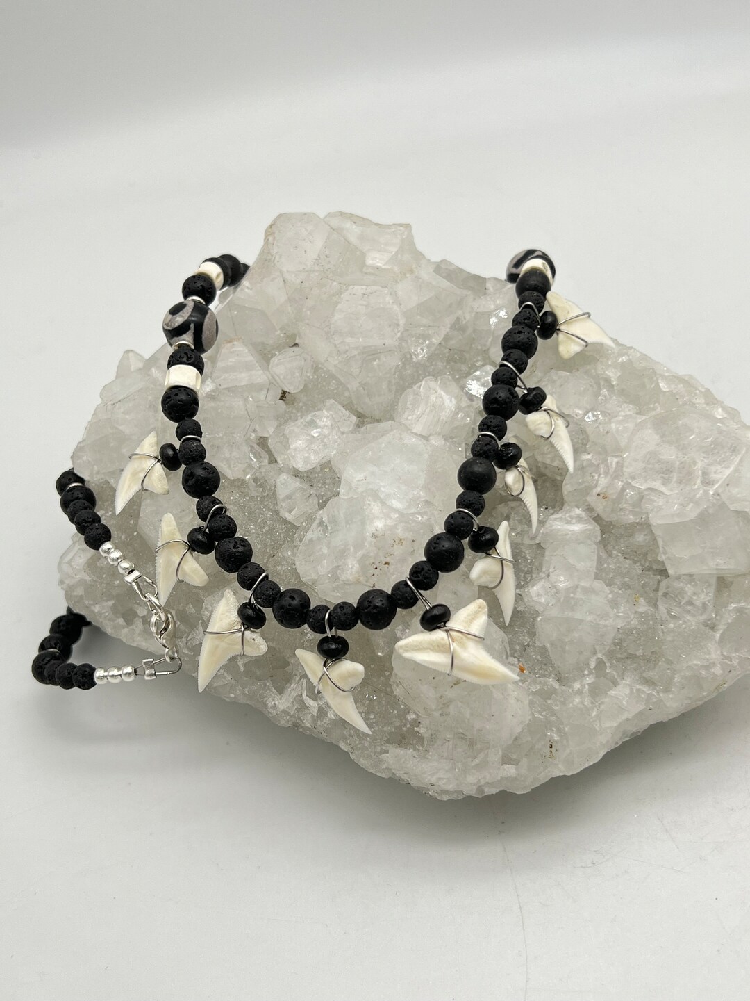 Natural Bone, Lava, Agate and Small Shark Teeth Beaded Necklace-20" - Etsy