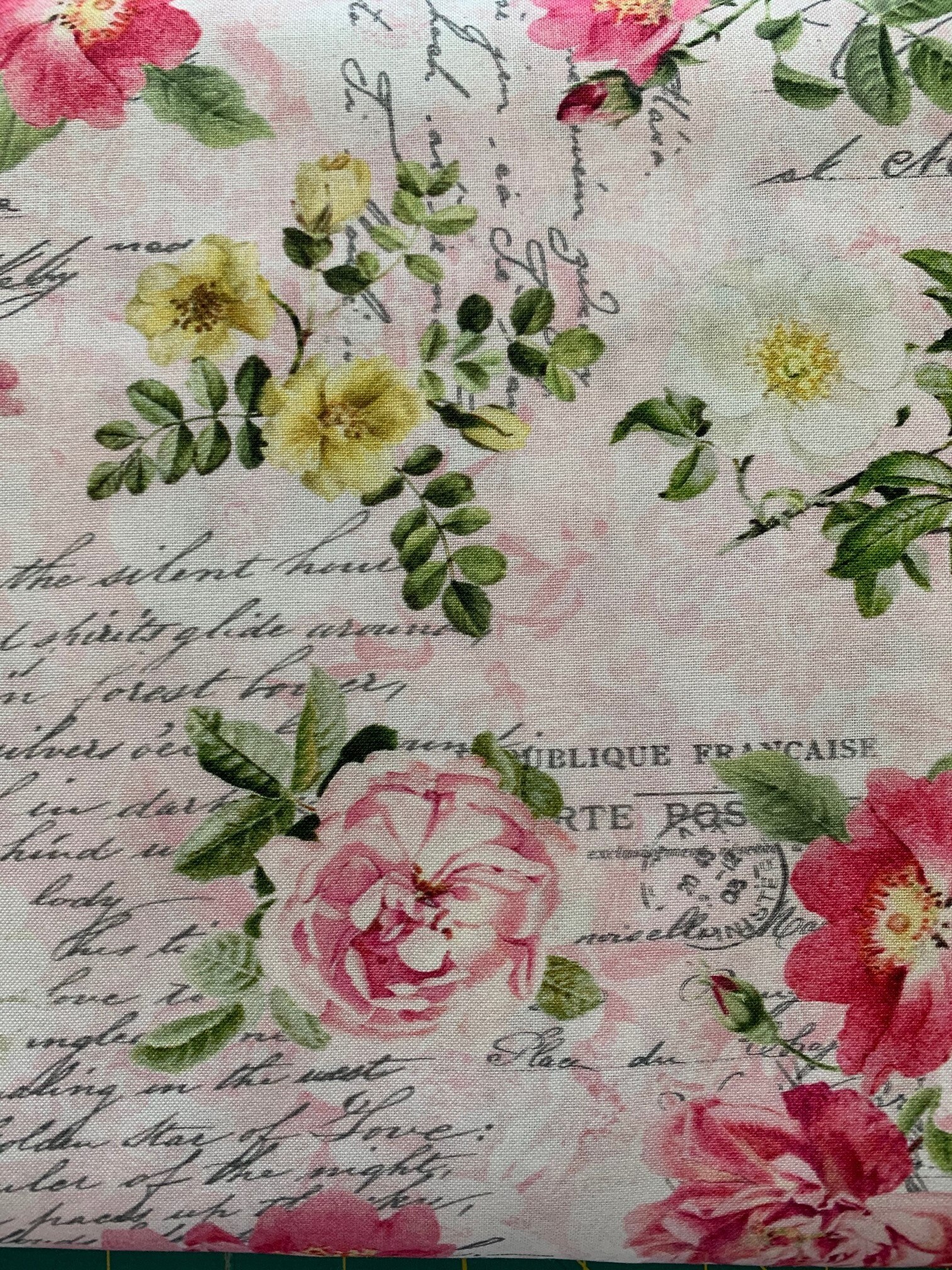Collage Fabric Petal La Rose Pink Roses and Flowers with French Script ...