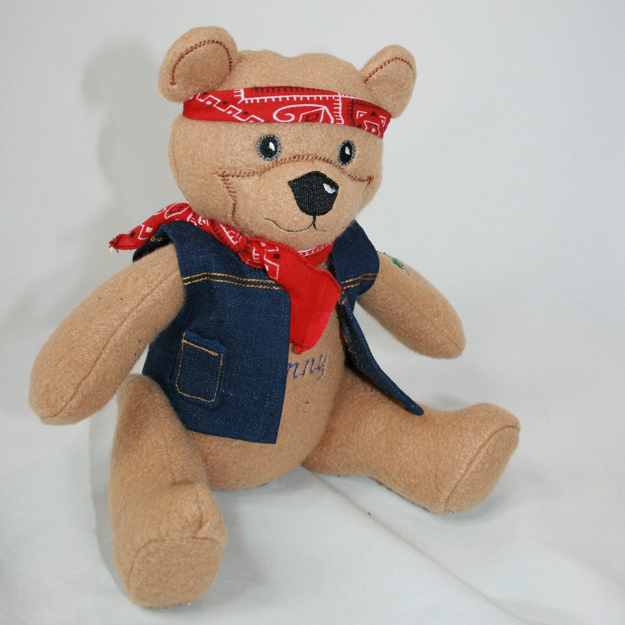 Biker Teddy Bear Little Light Brown Embroidered Bear Dressed in Denim ...