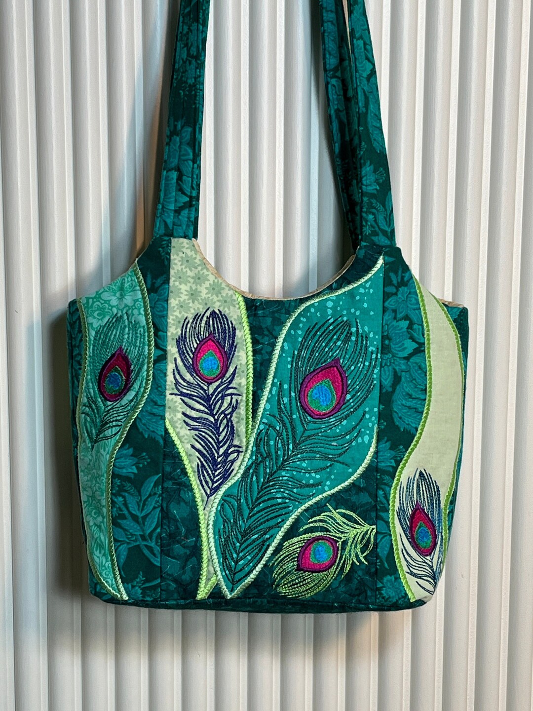 Purse Peacock Feathers Embroidered on Greens and Teal Background ...