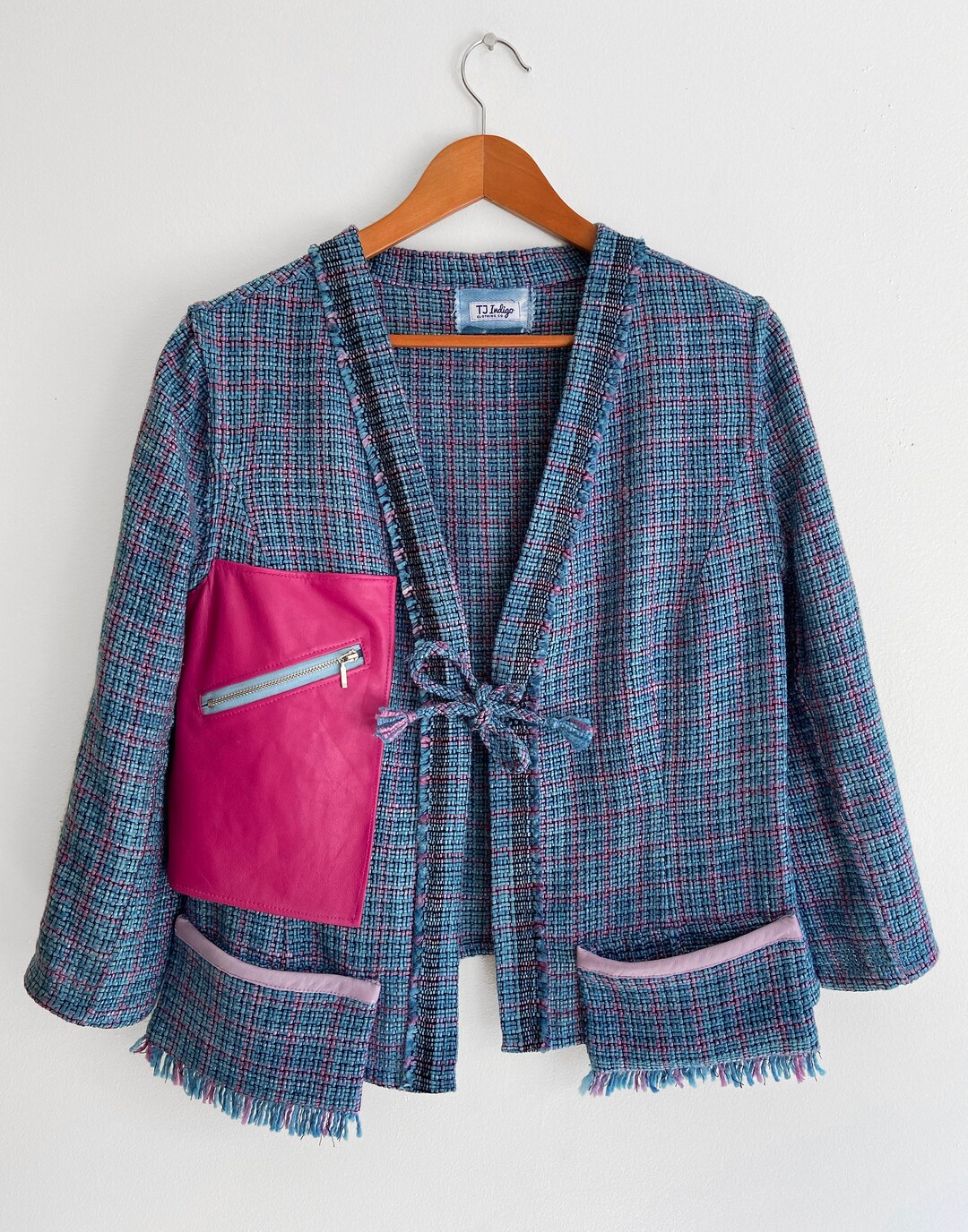 Pink and Blue Textured Blazer With Long Sleeves and Genuine Leather ...