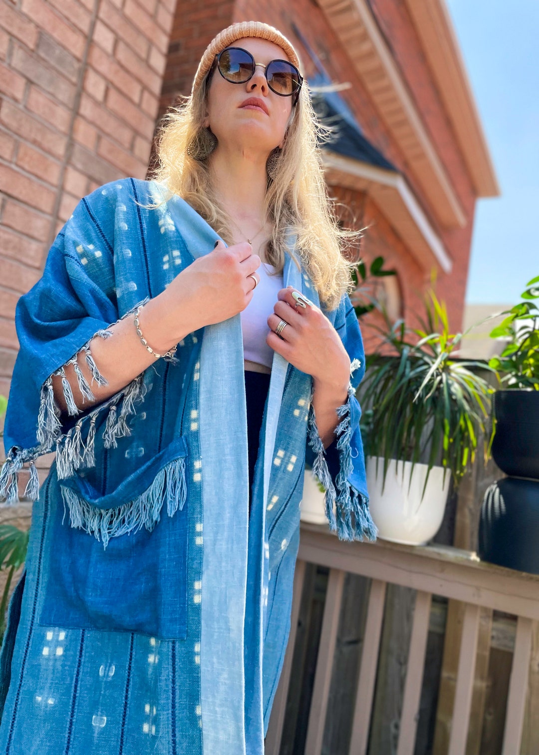 Indigo Shibori Patchwork Kimono Cardigan Made From Textured Linen ...