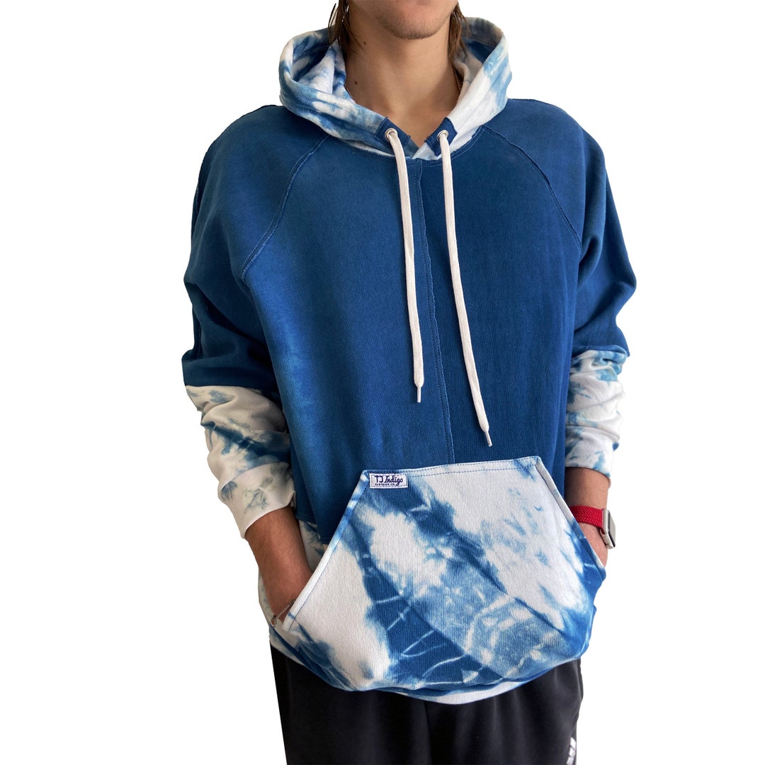Japanese Indigo Shibori Patchwork Organic Cotton Fleece Pullover Hoodie ...