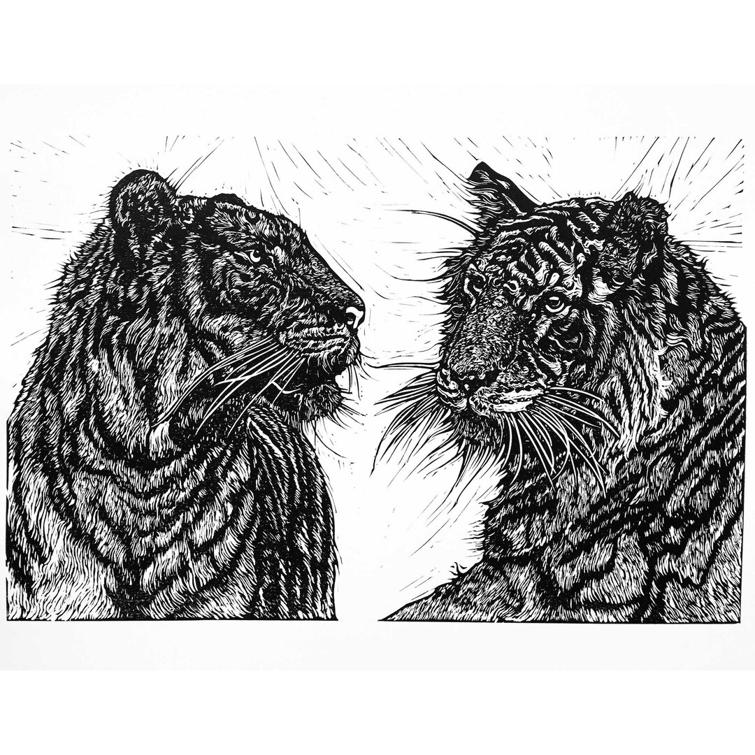 Tigers // Original A3 Linocut Print, Wildlife Portrait Handprinted in ...