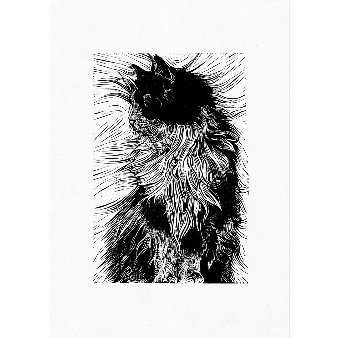 Cat // Original A4 Linocut Print, Cat, Pet Portrait Handprinted in ...
