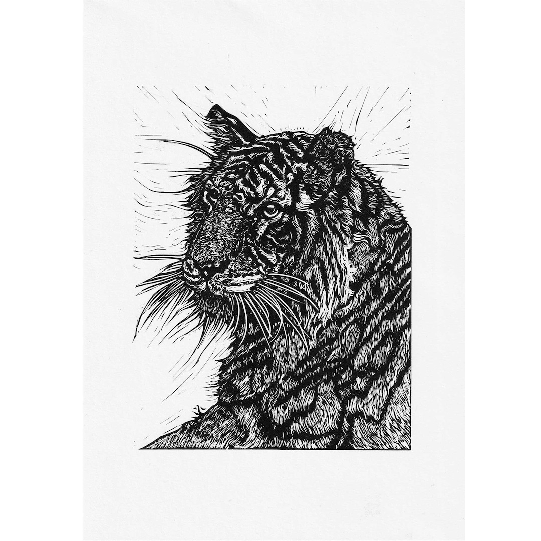 Tiger // Original A4 Linocut Print, Wildlife Portrait Handprinted in ...