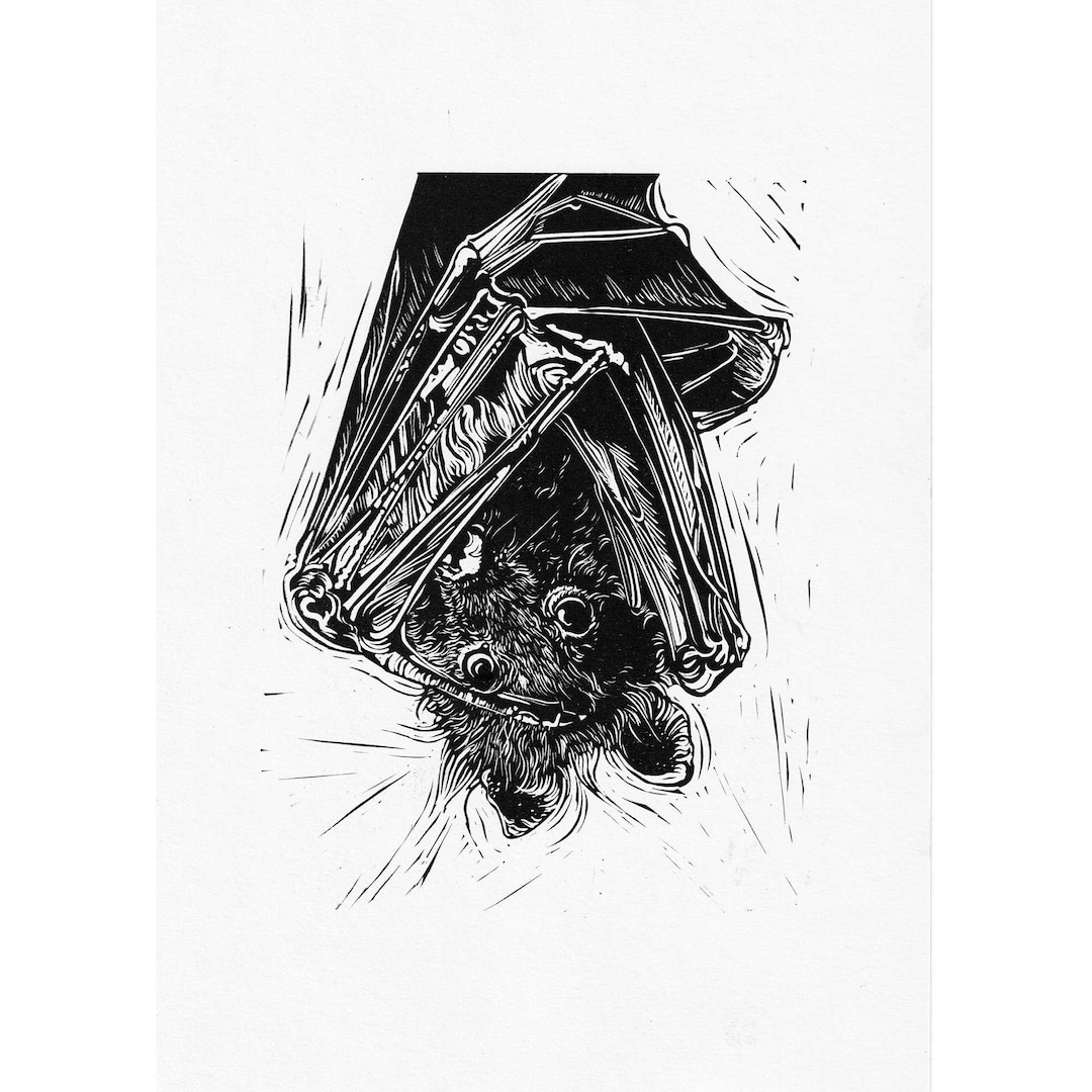 Bat // Original Linocut Print, Animal Portrait Handprinted in Quality ...