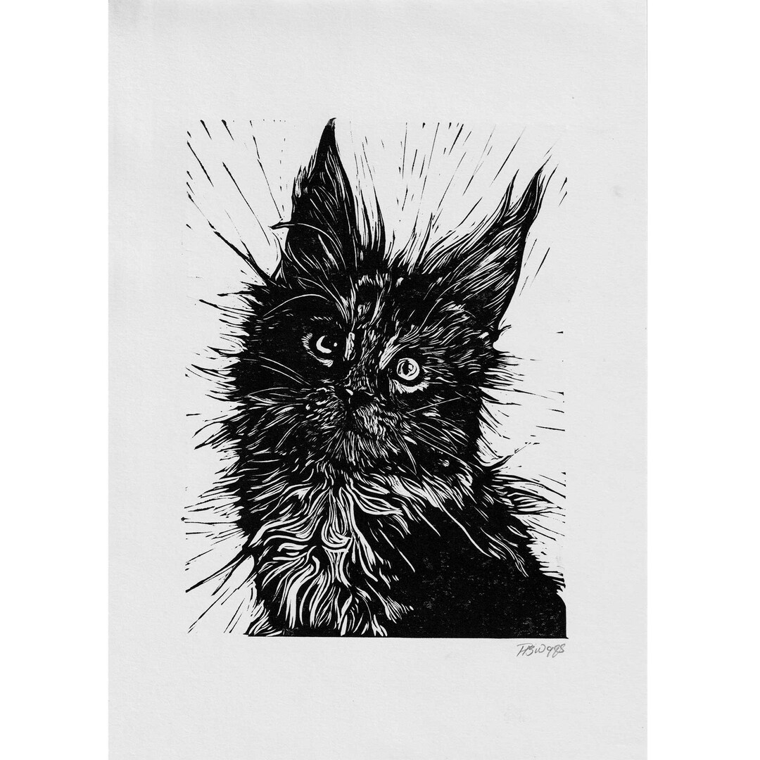 Kitten // Original Linocut Print, Pet Portrait Handprinted in Quality ...